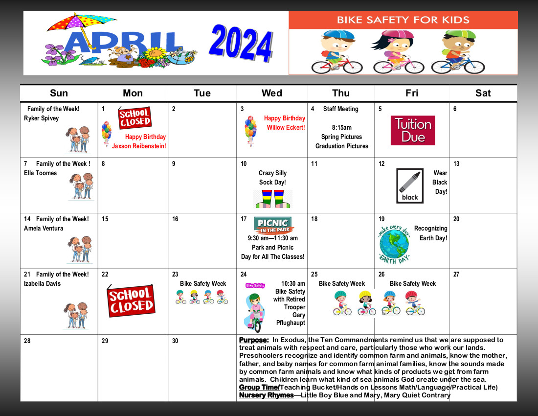 Monthly Event Calendar | Preschool at Trinity Lutheran Church