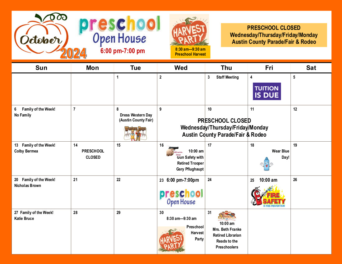 Monthly Event Calendar | Preschool at Trinity Lutheran Church